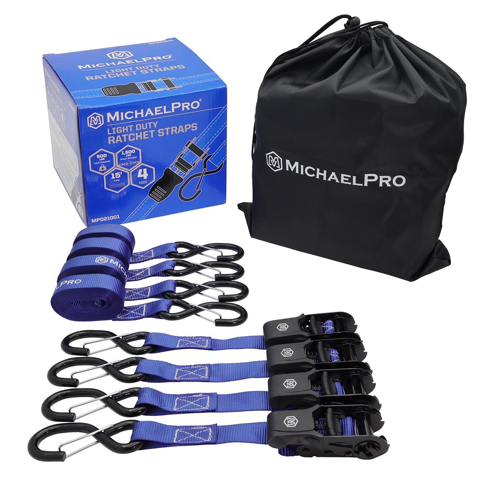 4 Pack 1" x 15' Ratchet Tie Down Straps with S-Hook Safety Latches, 15